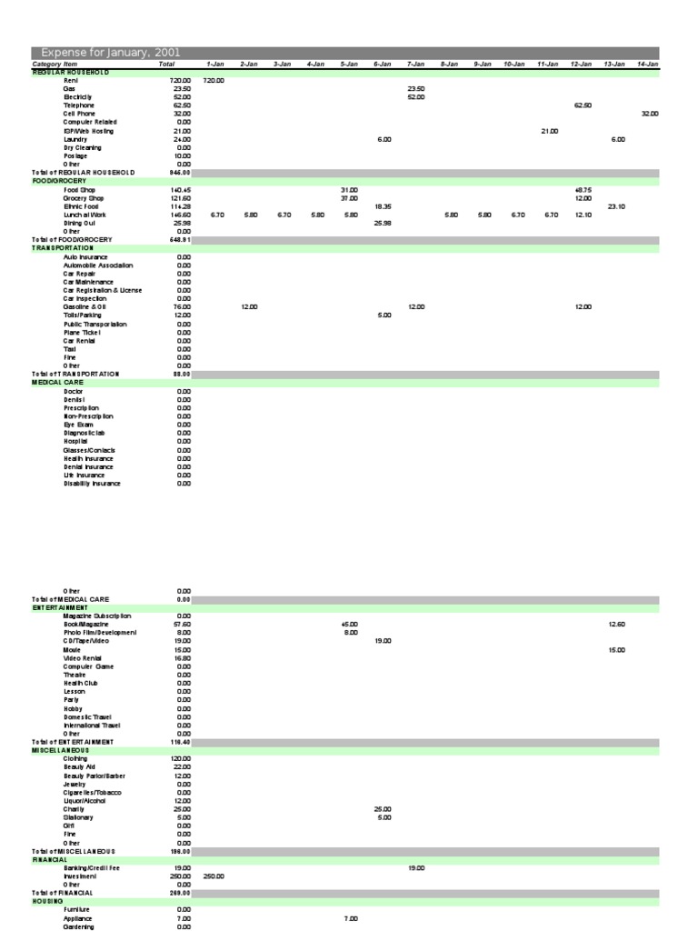 Expense For January, 2001: Regular Household | PDF | Grocery Store | Car
