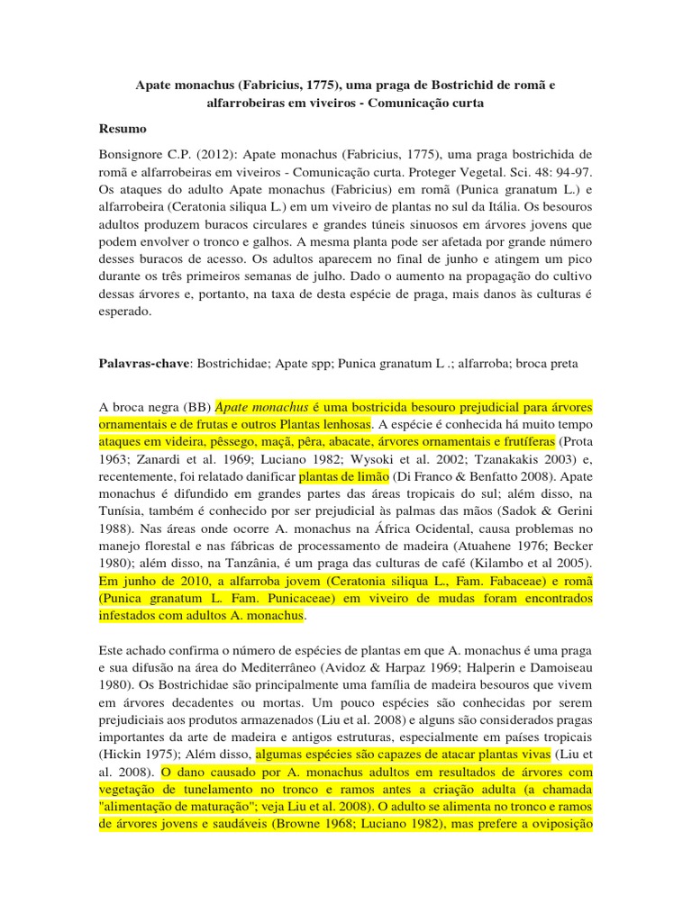 Apate monachus (Fabricius, 1775), uma praga de Bostrichid que ataca ...