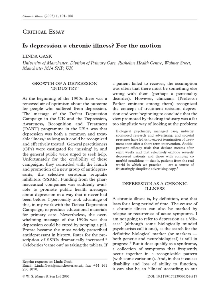 Is Depression A Chronic Illness? For The Motion | PDF | Major ...