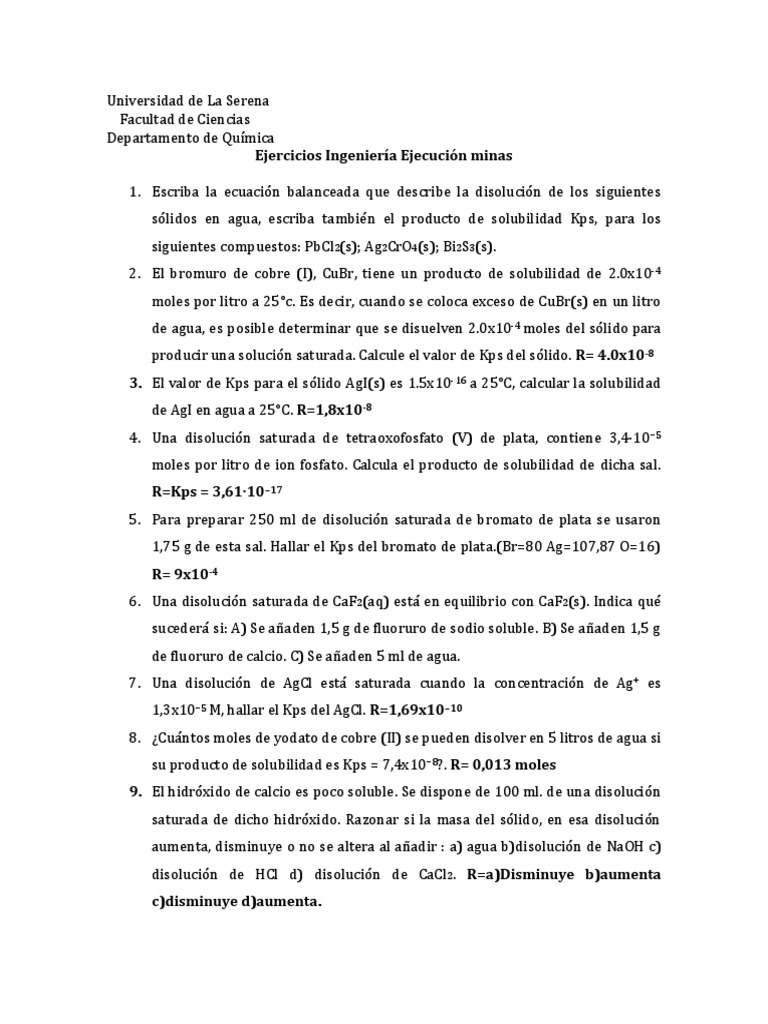 Ejercicios KPS | PDF | Solubilidad | Elementos químicos