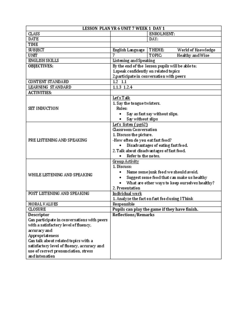Y6 Unit 7 Week 1 by Esther Ponmalar | PDF | Lesson Plan | Reading (Process)