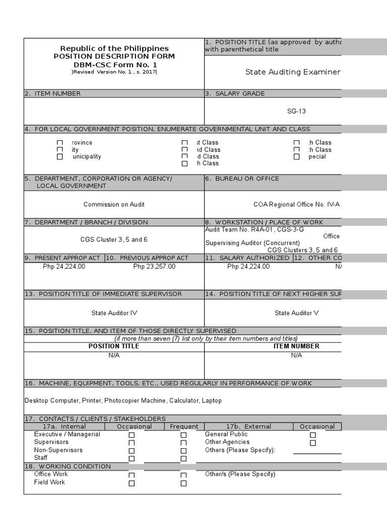 Republic of The Philippines Position Description Form DBM-CSC Form No ...