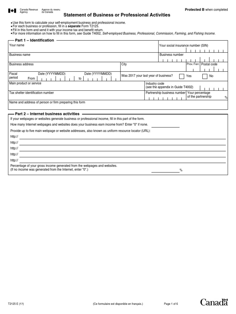 T2125-17e - Statement of Business or Professional Activities Fill Up ...