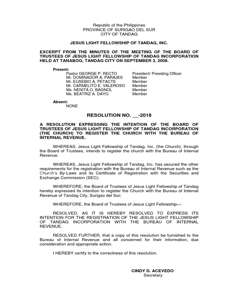 Jesus Light Fellowship - Board Resolution - Registration to BIR