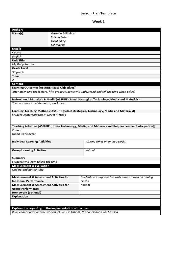 5th Grade English Lesson Plan: Telling Time | PDF