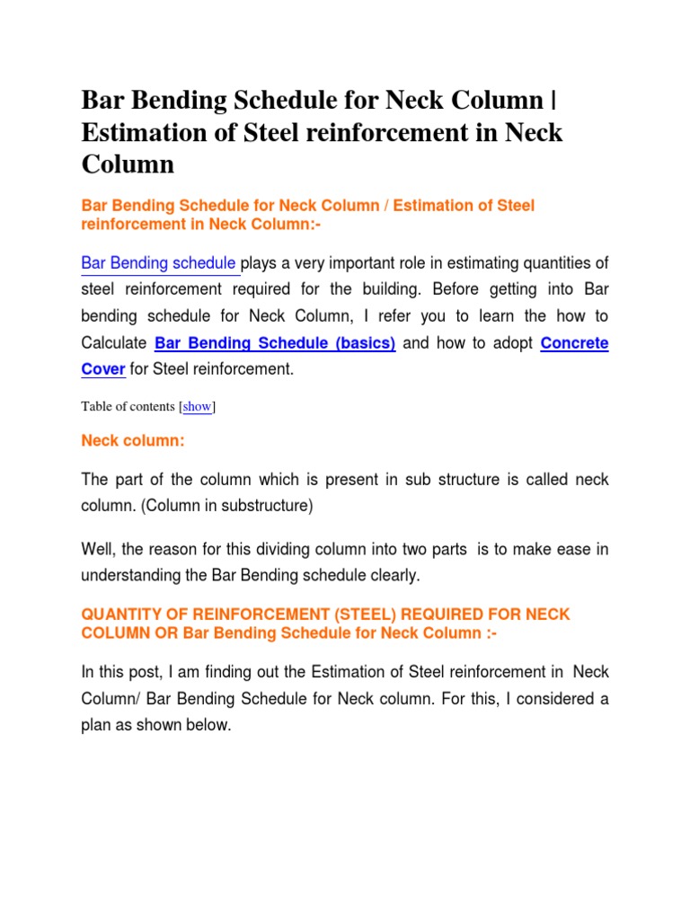 Bar Bending Schedule For Neck Column | PDF | Column | Building Engineering