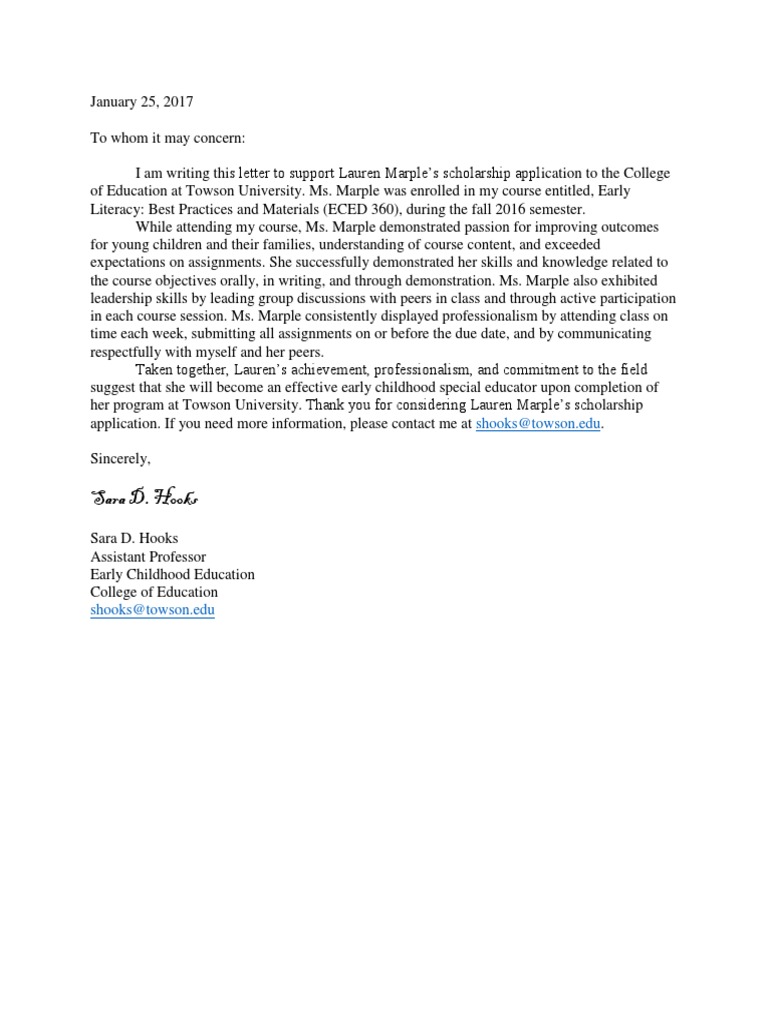 Letter of Recommendation - Sara Hooks | PDF | Early Childhood Education ...