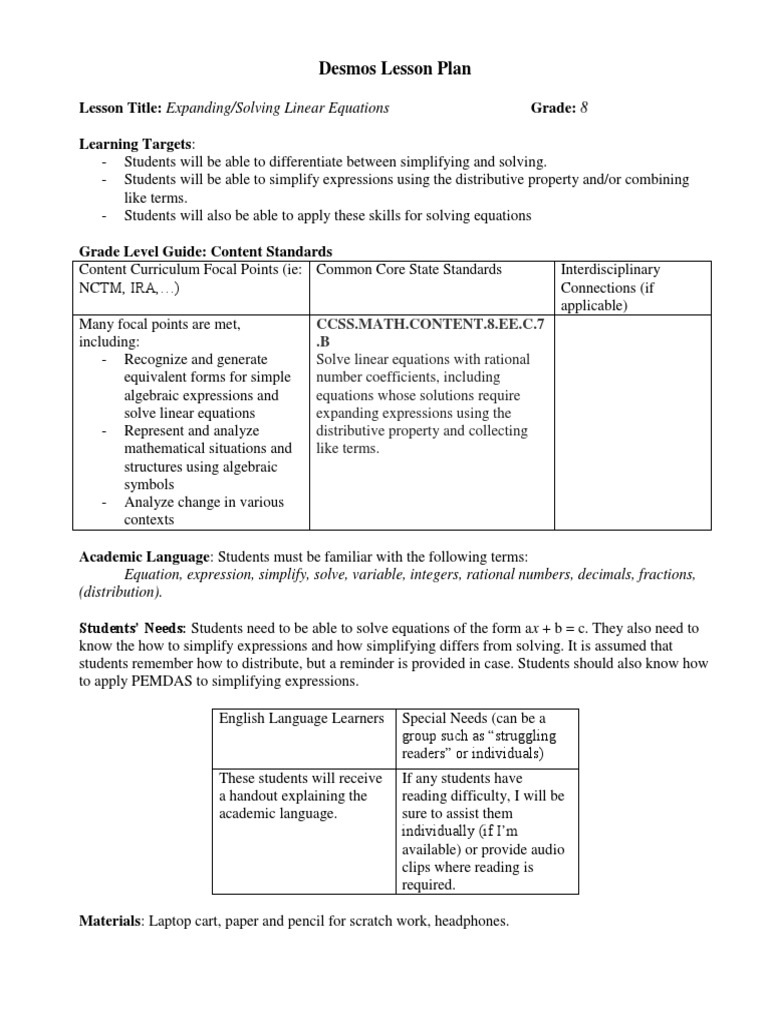 Desmos Lesson Plan Template | PDF | Equations | Educational Assessment