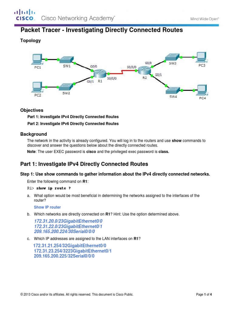 1.3.2.5 Packet Tracer - Investigating Directly Connected Routes ...
