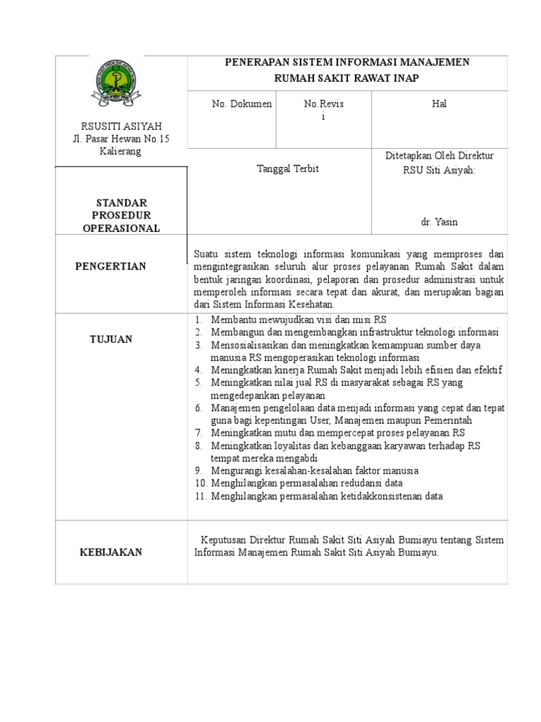 SOP SIMRS RSU Siti Asiyah | PDF | Kesehatan Holistik | Sains & Matematika