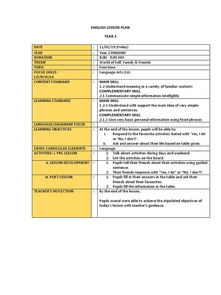 English Lesson Plan Year 2 | PDF