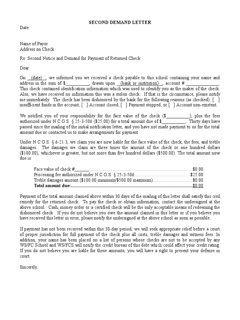 Second Demand Letter - Bad Checks | PDF | Cheque | Payments