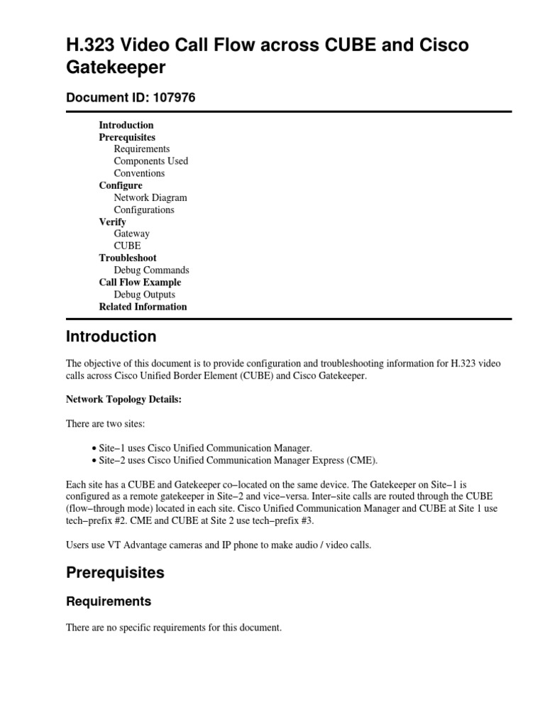 H.323 Video Call Flow Across CUBE and Cisco Gatekeeper | PDF | Voice ...