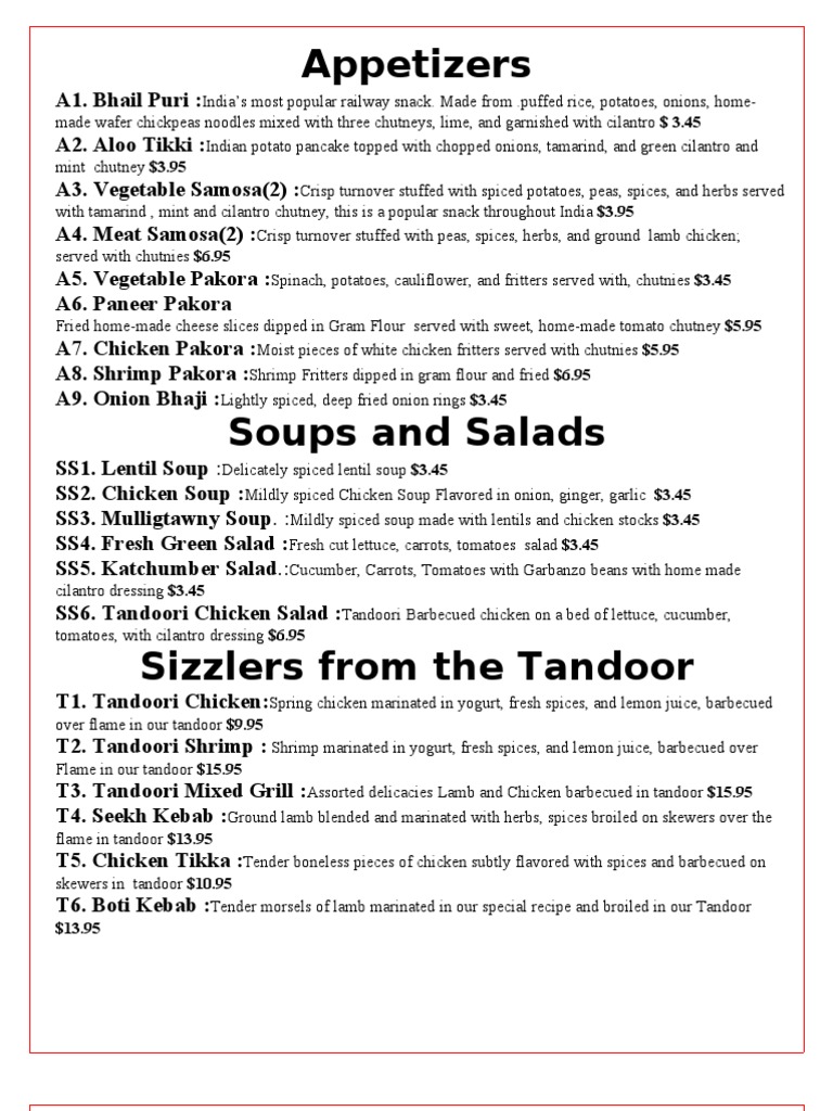 Menu | PDF | Curry | Chutney