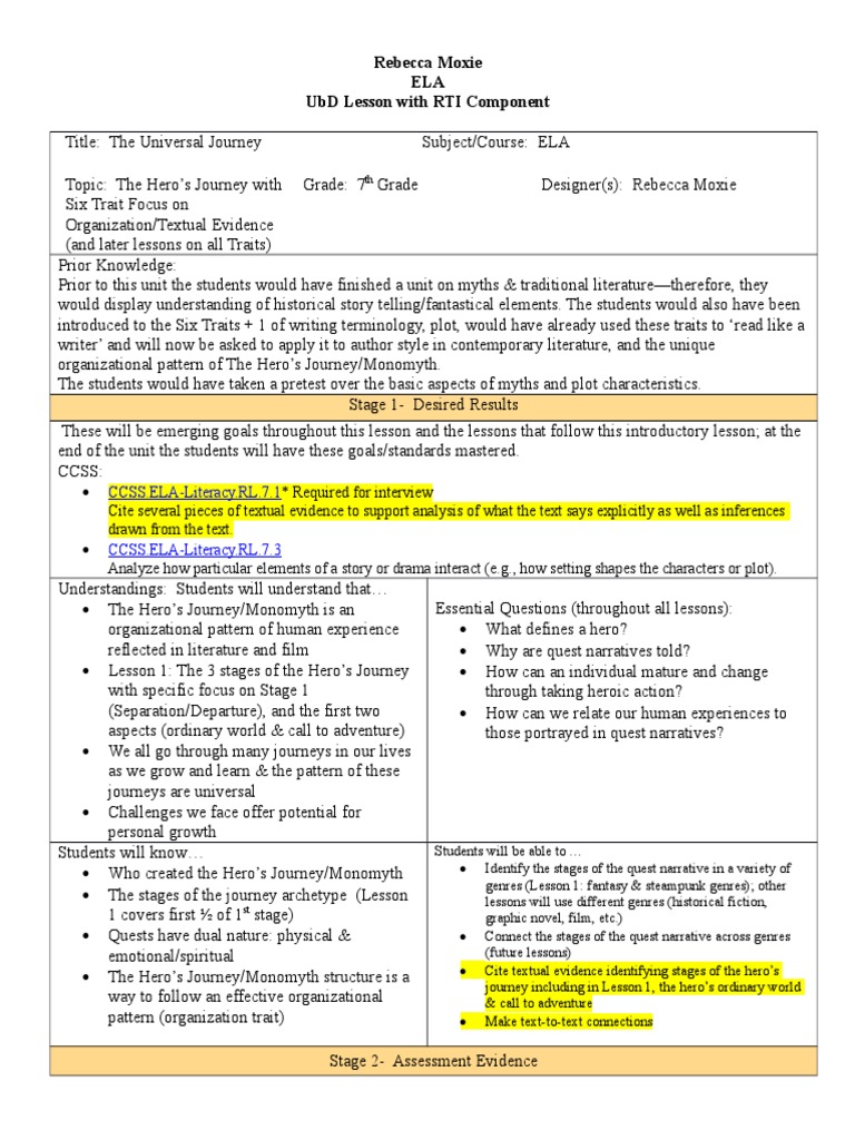 Heros Journey Lesson Plan | PDF | Hero | Narrative