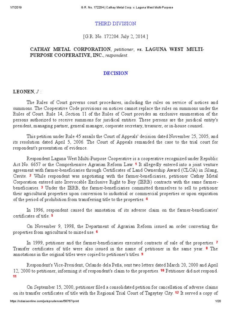 18 Cathay Metal Corp. v. Laguna West Multi-Purpose | PDF | Summons ...
