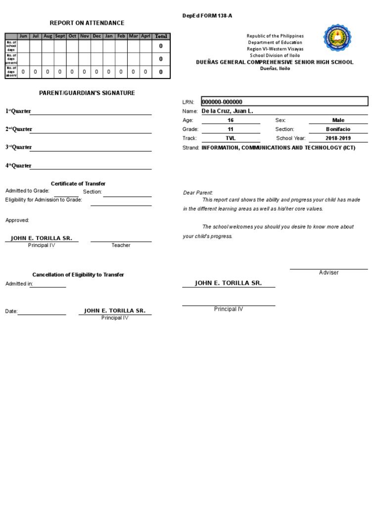 Dgchs Shs Form 138 A Final | PDF | Science | Philippines