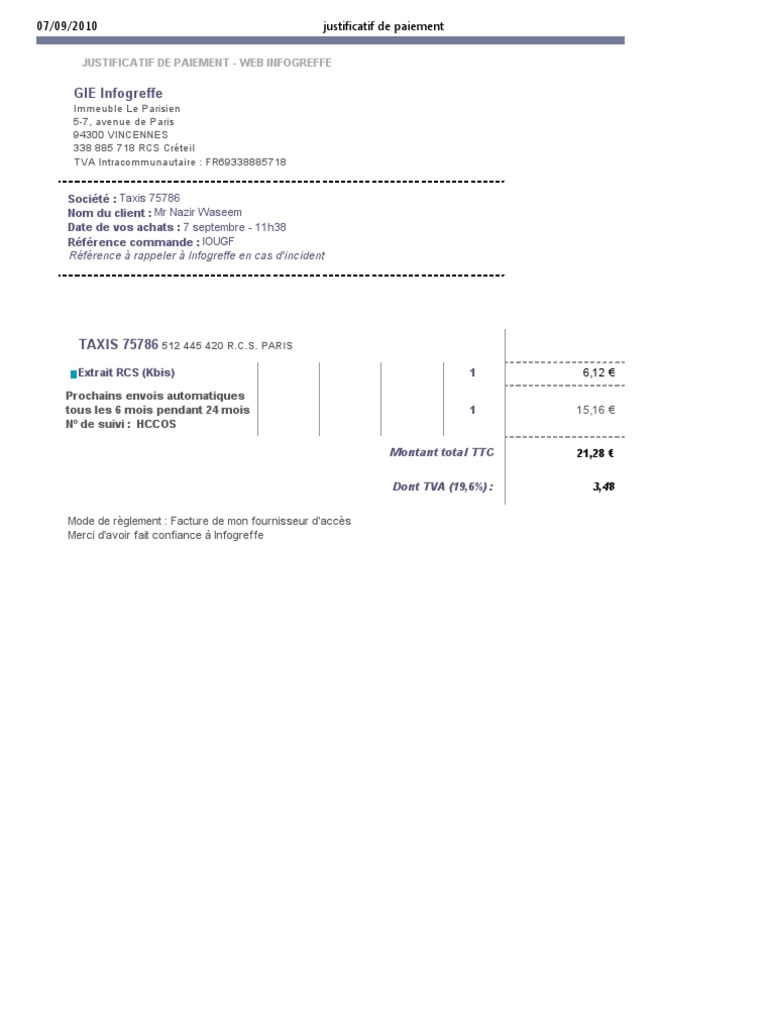 Justificatif de Paiement Infogreffe | PDF