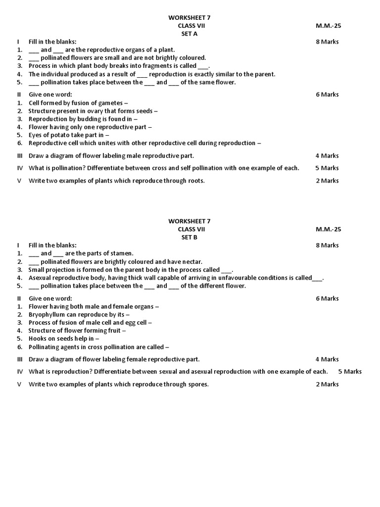 Science Worksheet For Class VII | PDF | Reproduction | Flowers