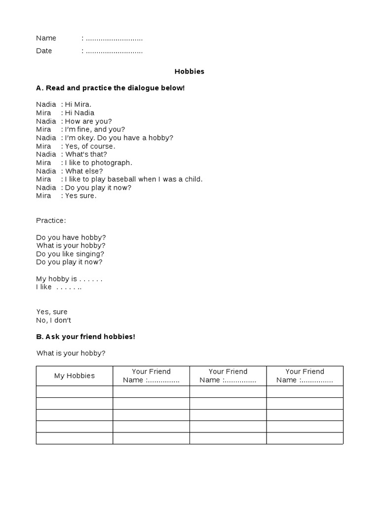 Hobbies A. Read and Practice The Dialogue Below! | PDF