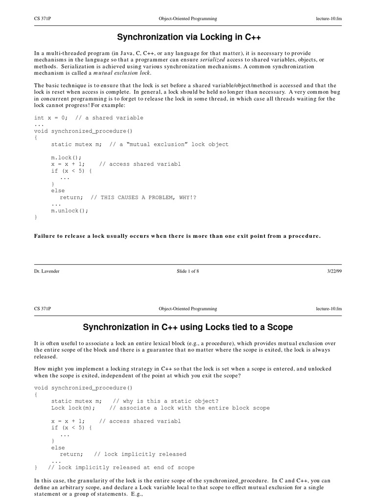 Synchronization Via Locking in C++: CS 371P Object-Oriented Programming Lecture-10.fm | PDF ...