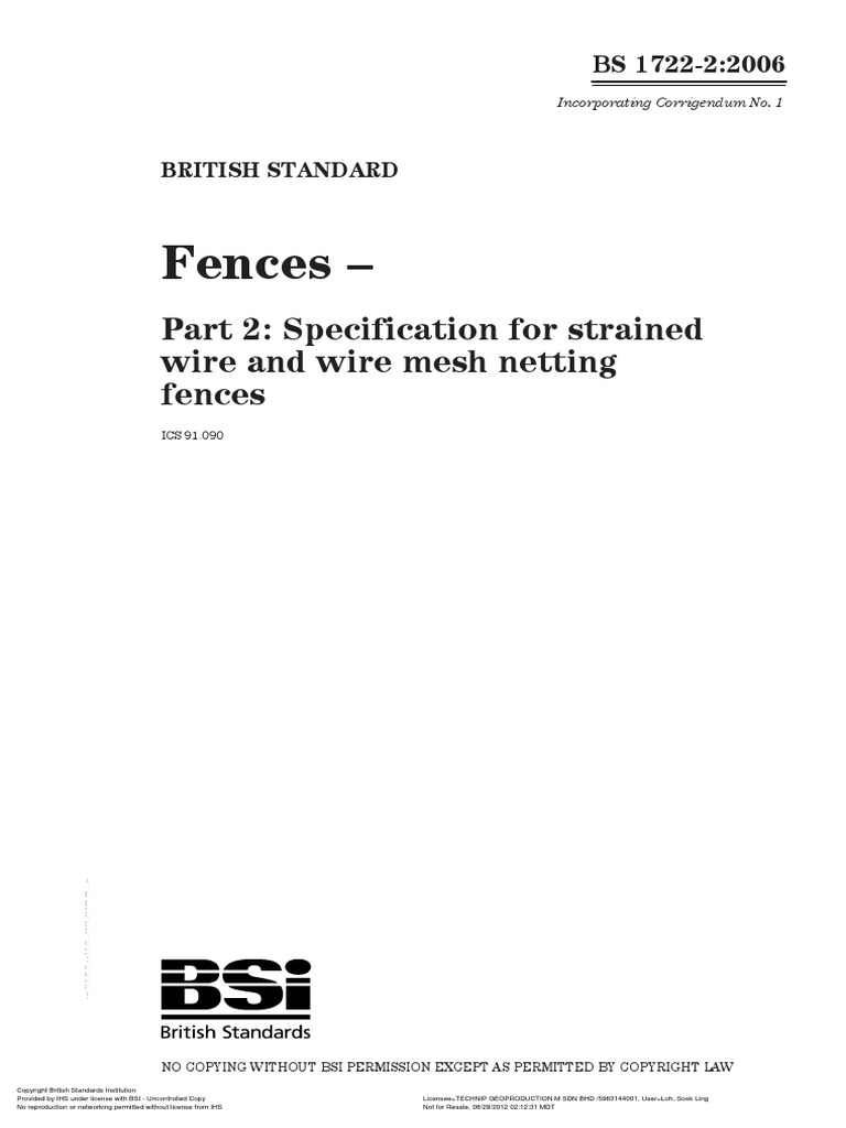 BS 1722-2 2006 - Specification For Strained Wire and Wire Mesh Netting ...