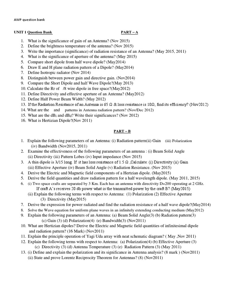 AWP question bank unit 1-4 | PDF | Antenna (Radio) | Broadcast Engineering