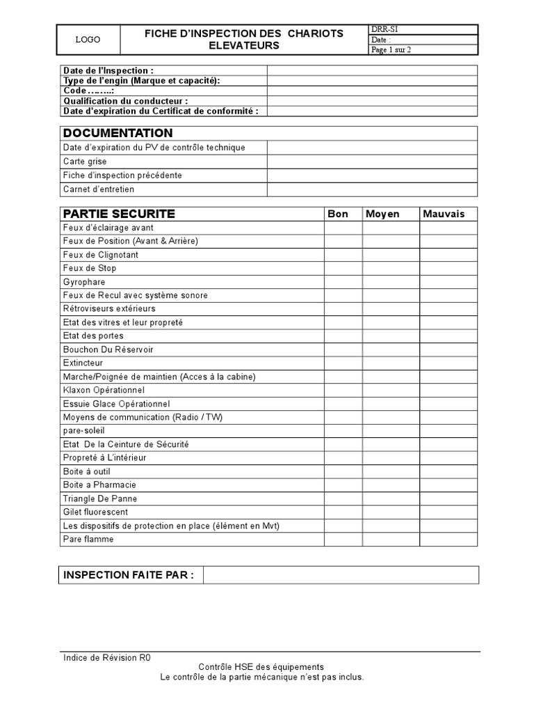 Fiche d'Inspection Chariot Élévateur | PDF | Technologie des véhicules ...