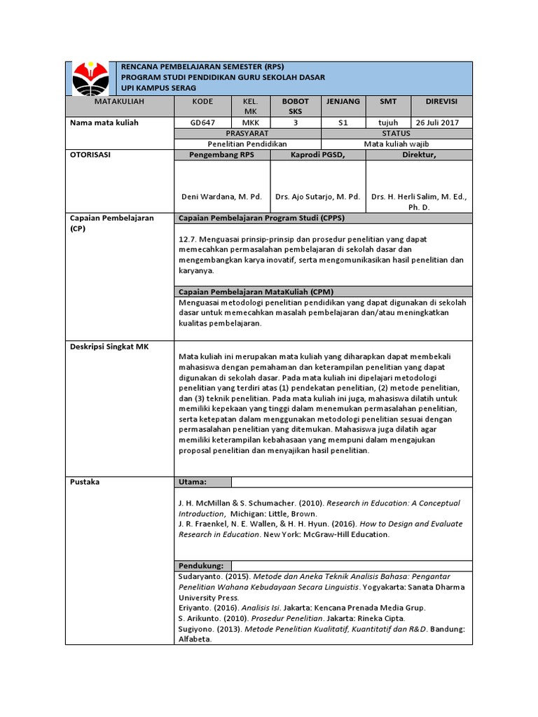 RPS Mata Kuliah Metode Penelitian | PDF