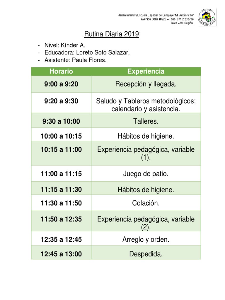 Rutina Diaria Kínder 2019
