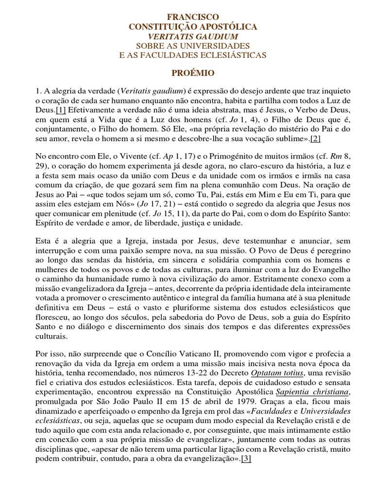 Veritatis Gaudium - Início | PDF | Concílio Vaticano II | Igreja católica