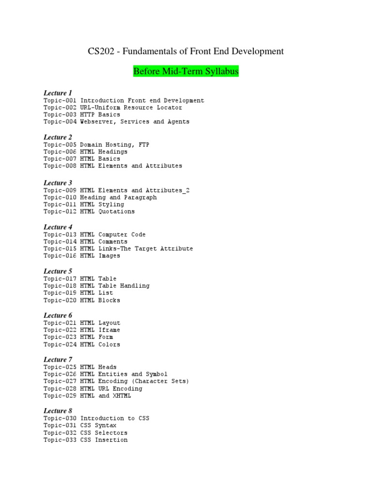 CS202 - Fundamentals of Front End Development Before Mid-Term Syllabus | PDF | J Query ...