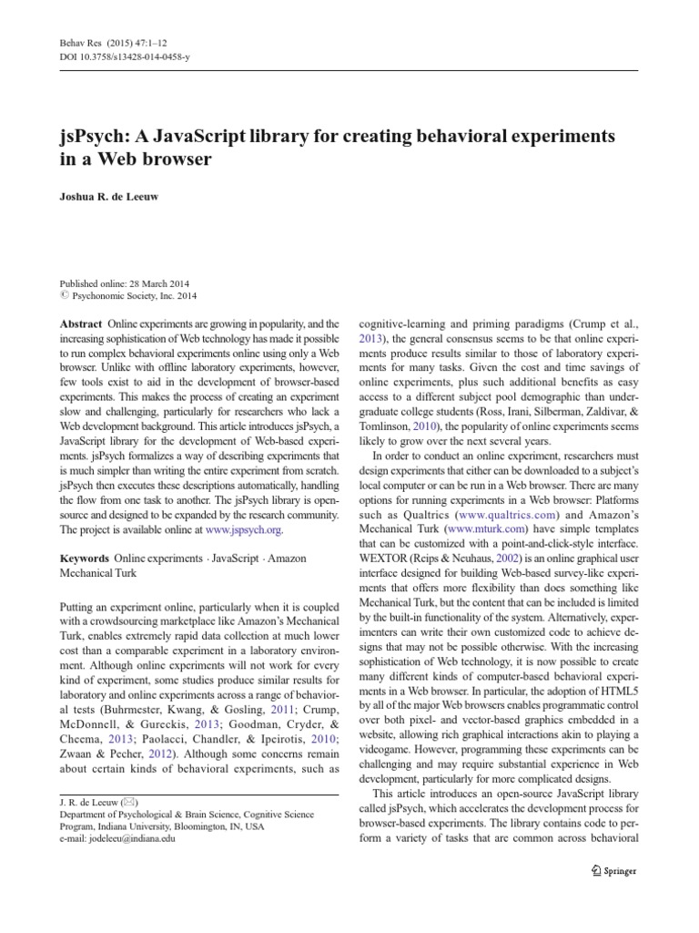 Jspsych: A Javascript Library For Creating Behavioral Experiments in A Web Browser | PDF | Java ...