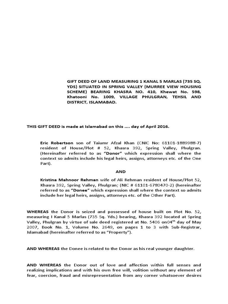 Deed of Gift of Immovable Property | PDF | Deed | Property