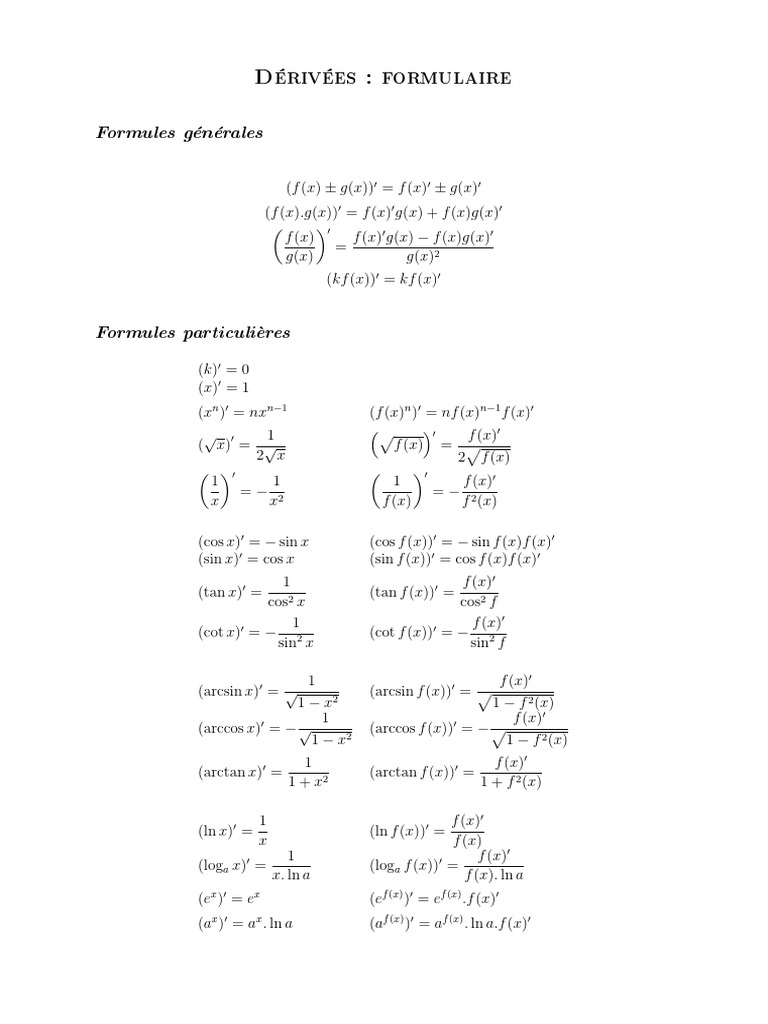 Dérivées: Formulaire: Formules Générales | PDF
