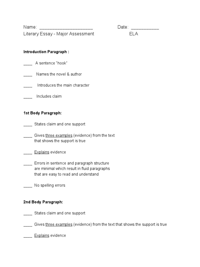 Checklist Literary Essay Assessment 3 9 18 | PDF