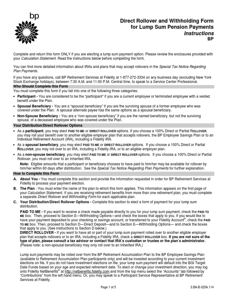 Direct Rollover and Withholding Form For Lump Sum Pension Payments ...