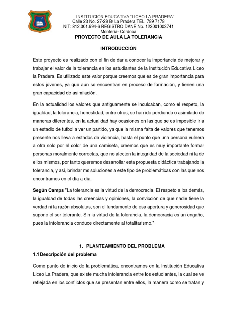 Proyecto de Aula La Tolerancia | PDF | Tolerancia | Moralidad