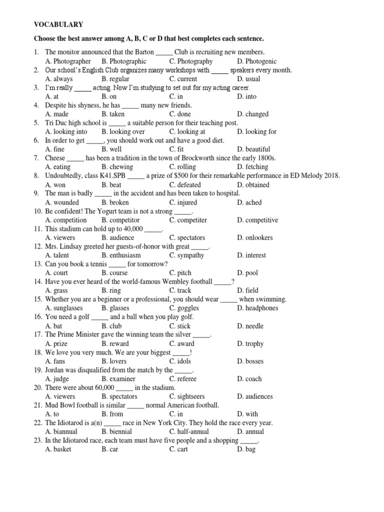 Vocabulary + Cloze Test | PDF | Sports | Leisure