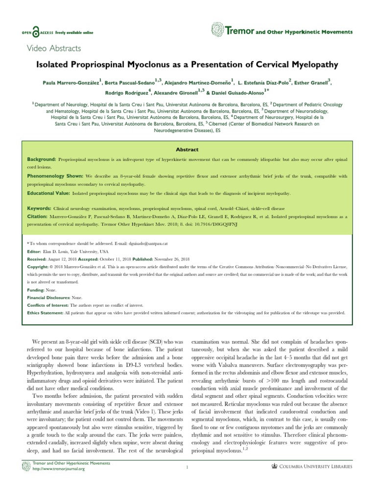 Isolated Propriospinal Myoclonus As A Presentation of Cervical ...