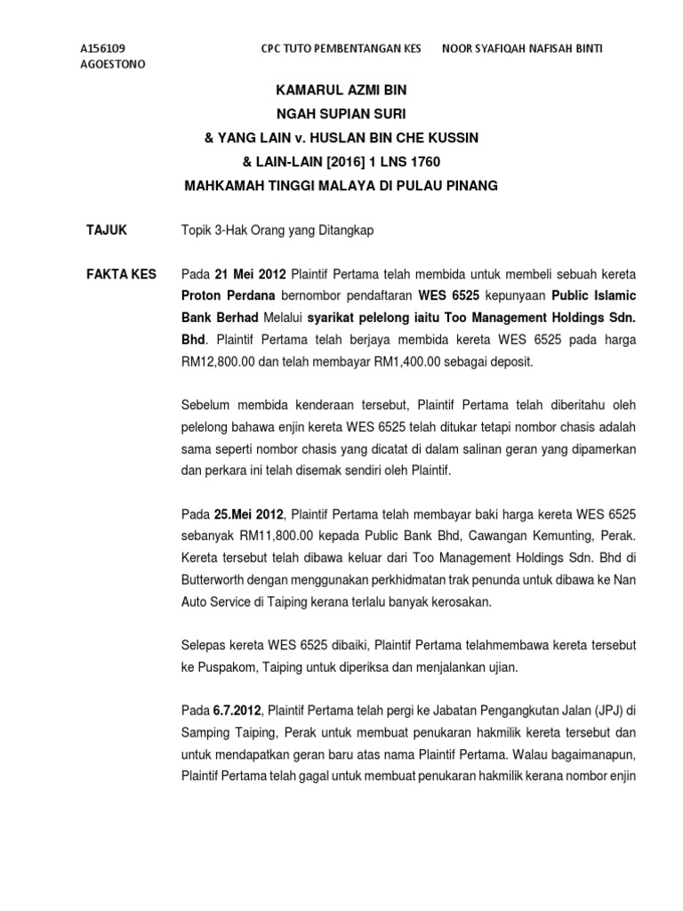 Case Summary KAMARUL AZMI BIN NGAH SUPIAN SURI & YANG LAIN v. HUSLAN ...