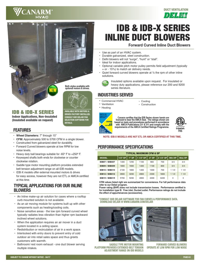 Idb & Idb-X Series Inline Duct Blowers | PDF | Hvac | Duct (Flow)