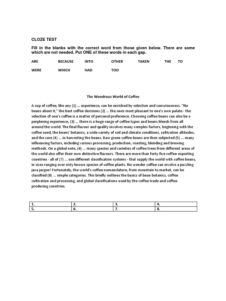 Microsoft Word - Cloze Test 1-2 c1 | PDF | Microscope | Coffee