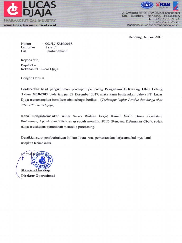 Surat Pemberitahuan PT. Lucas Djaja | PDF