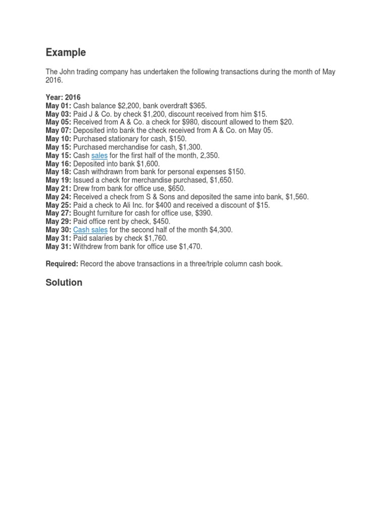 Three Column Cash Book Example | PDF | Cheque | Banks