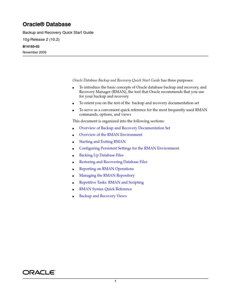 Oracle® Database: Backup and Recovery Quick Start Guide 10g Release 2 (10.2) | PDF