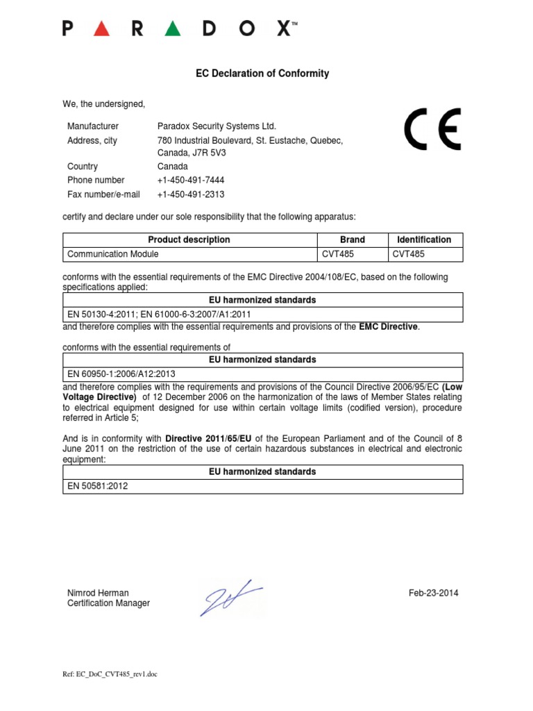 EC Declaration of Conformity: Product Description Brand Identification ...