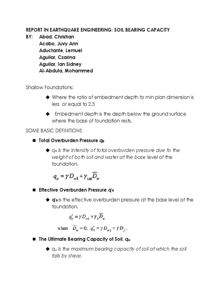 Q Is The Intensity of Total Overburden Pressure Due To The Weight of Both Soil and Water at The ...