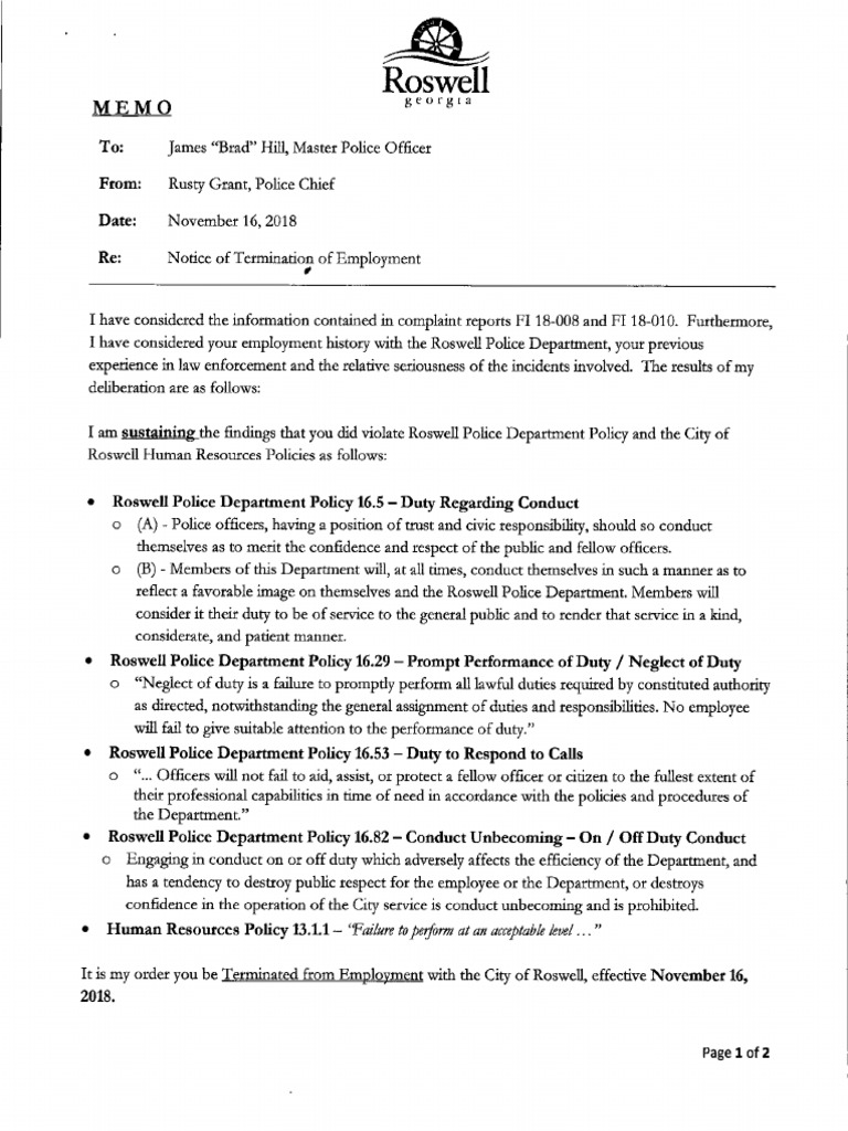 Officer James Hill Termination Letter | PDF | Violence