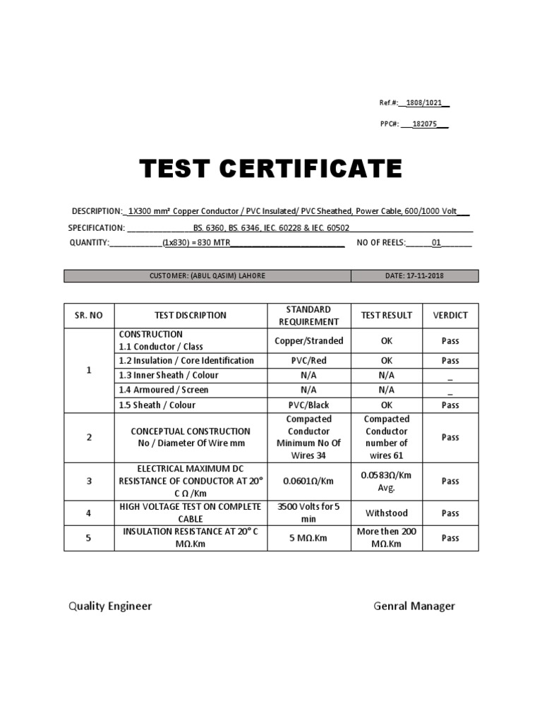 Test Certificate: Quality Engineer Genral Manager | PDF